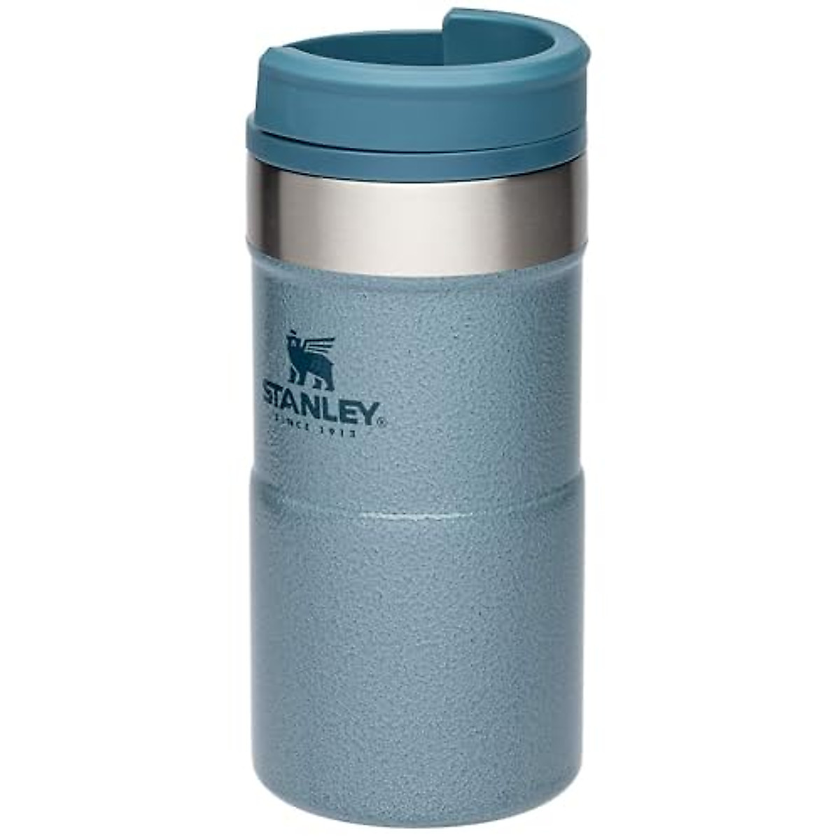 STANLEY NeverLeak Travel Mug .35L / 12OZ Hammertone Ice – Leakproof - Tumbler for Coffee, Tea & Water - BPA FREE - Stainless-Steel Thermo Cup - Rotating lid covers drink - Dishwasher Safe
