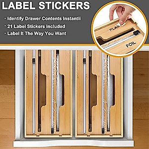 CTSZOOM 2 in 1 Wrap Dispenser with Cutter and Labels, Plastic Wrap, Aluminum Foil and Wax Paper Dispenser for Kitchen Drawer, Bamboo Roll Organizer Holder, Compatible with 12" Roll