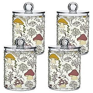 JUMBEAR 2 Pack Mushroom Qtip Holder Dispenser with Lid 14 oz Clear Plastic Apothecary Jar Set for Bathroom Vanity Organizers Storage Containers