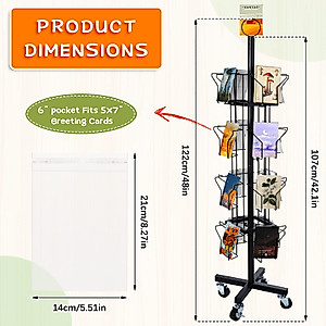 Queekay 16 Pockets 4 Tiered Greeting Card Display Rack Stand Portable Literature Magazine Rack and 200 Fit 5 x 7 Inch Clear Greeting Card Plastic Sleeves for Thrift Store Grocery Retail(Black)