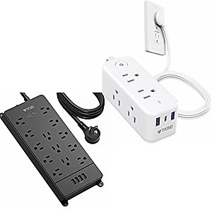 Flat Plug Power Strip - TROND 5ft Ultra Thin Extension Cord with 6 Widely Outlets and 3 USB Ports(1 USB C) + TROND Long Extension Cord 15 ft, 13 Widely-Spaced Outlets Expansion with 4 USB Ports