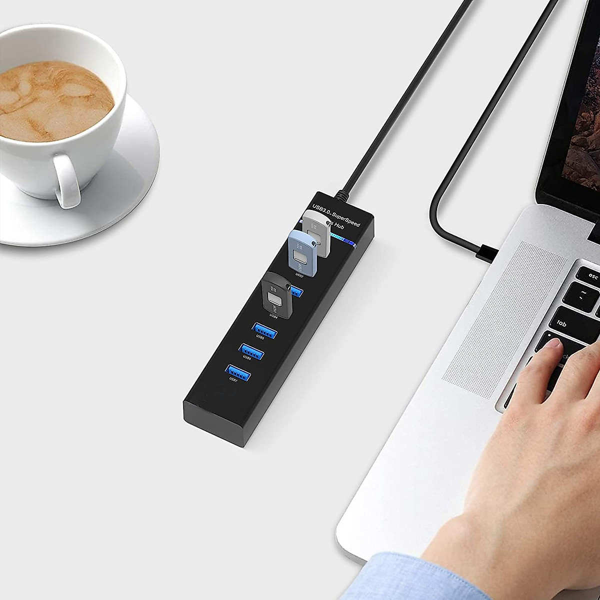 W Come Ture Data Black USB Hub Splitter 7-Port USB 3.0 Hub with 11.8 inch Long Cable Powered USB Hub for Laptop, PC, MacBook, Mac Pro, Mac Mini, iMac, Surface Pro and More