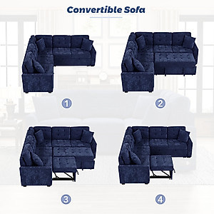 Pull Out Couch Sectional Sleeper Sofa Couch with Pull Out Bed Convertible Sofa Bed with USB Ports and Power Sockets L Shaped Couch for Living Room, Navy Blue