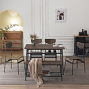 Rectangular Dining Table & Chair Set of 6 w/ Storage Space, Dining Room Set w/ 1 Table, 1 Bench & 4 Chairs for 6, Table Set w/ MDF Tabletop & Iron Frame, for Dining Room, Bistro, Home Bar, Kitchen