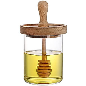 Lawei Glass Honey Jars with Wooden Dipper and Lid - 13 Oz Honey Pot Clear Glass Syrup Container for Storage