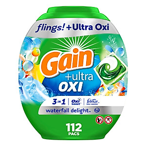 Gain flings Ultra Oxi Laundry Detergent Pacs, 112 Count, Waterfall Delight Scent, 3-in-1, HE Compatible