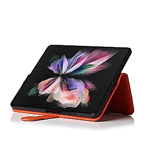 Samsung Galaxy Z Fold 3 Buckle Wallet Case with Detachable S Pen Holder, Ultra Slim Luxury Litchi Grain Genuine Leather Phone Cases Cover with Card Slot Orange
