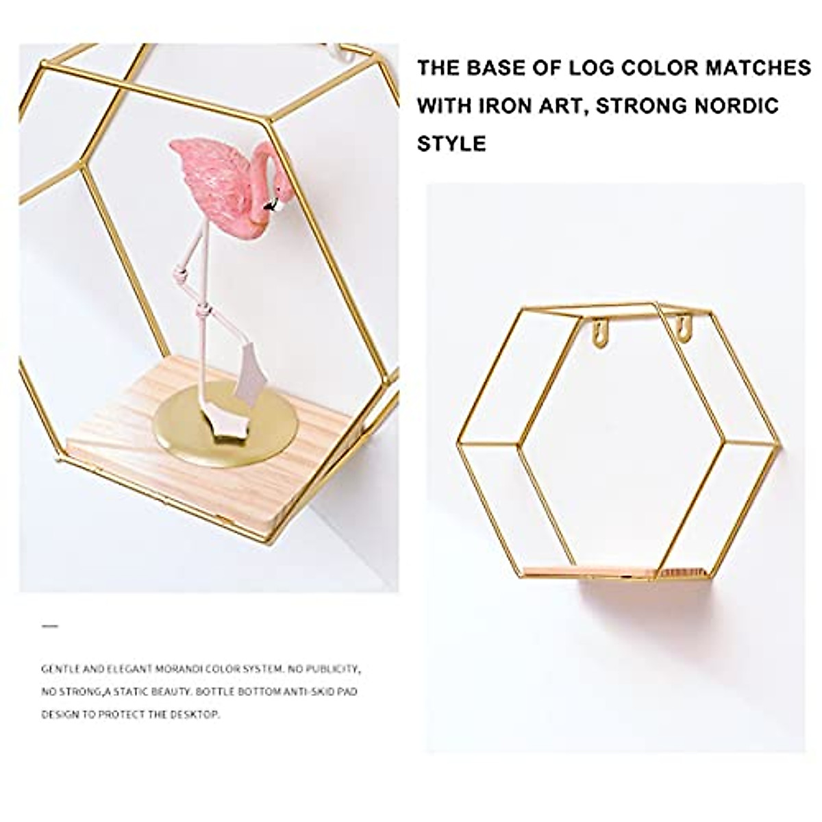 Rendeyuan Hexagonal Iron Stand Small Pot Wall Shelving Holder Home Shelf Storage Holder Decorative Shelves Floating Shelves - Gold - 24x9.5x20.5cm