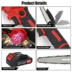 Mini Chainsaw 6-Inch Cordless power chain saws with Security Lock Small Handheld Chain Saw with 2 x 24V 6500mAh Battery 2 Chains for Wood Cutting, Tree Trimming, Gardening, Courtyard and Garden, Red