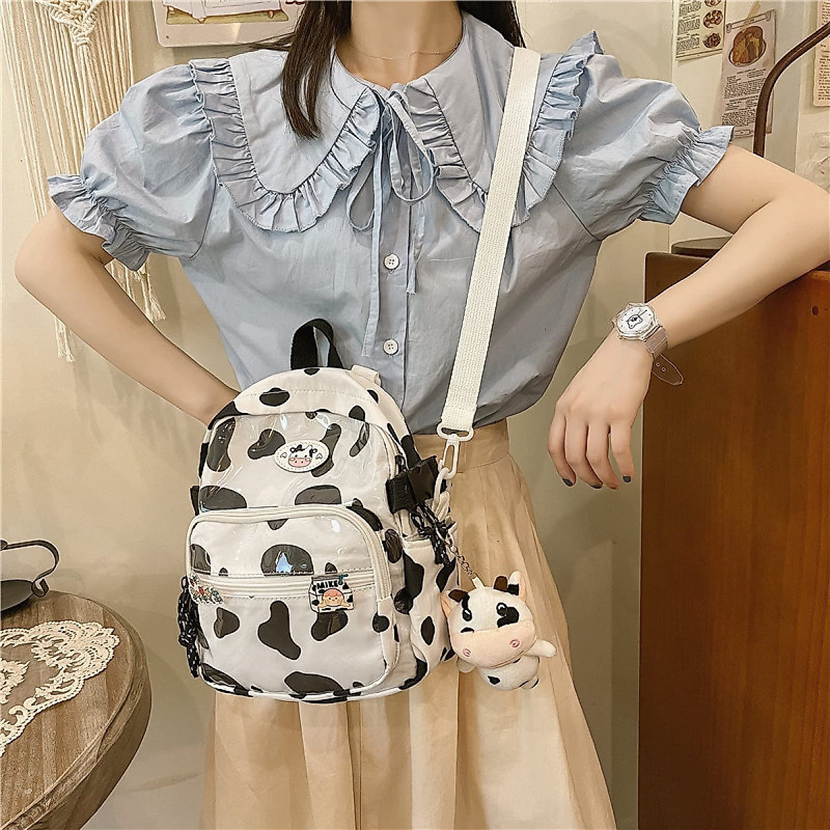 PEXIZUAN Kawaii backpack cow backpack with cute pendants cute small backpack shopping travel small backpack(Cows)
