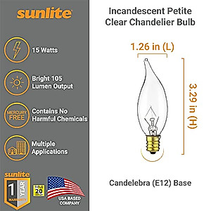 Sunlite Incandescent 15 Watt Petite Chandelier 105 Lumens Clear Light Bulb 12 Pack