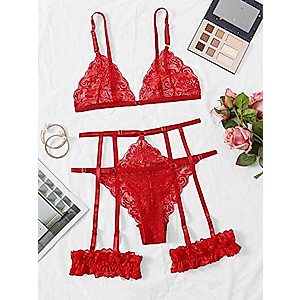 WDIRARA Women's 3 Pieces Mesh Floral Lace Scalloped Trim Garter Lingerie Set Red S
