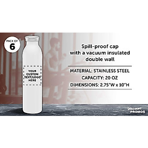 DISCOUNT PROMOS Custom Posh Stainless Steel Water Bottles 20 oz. Set of 6, Personalized Bulk Pack - Double Wall, Perfect for Coffee, Soda, Other Hot & Cold Beverages - White