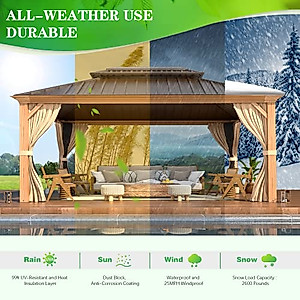 Erinnyees 12' x 16' Aluminum Wood Grain Hardtop Gazebo, Outdoor Aluminum Double Roof with Privacy Curtain and Mosquito Net for Patio, Lawn, Garden, Backyard(Wood Looking)