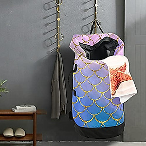 Mermaid Fish Scales Laundry Backpack Bag with Shoulder Straps Extra Large Hanging Laundry Hamper for College Dorm Travel Camp