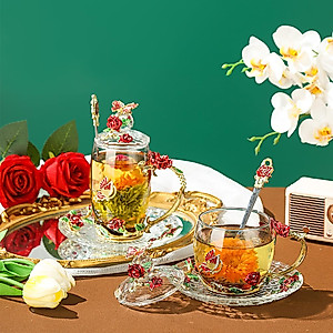 LANTREE Crystal Tea Cup Coffee Mug with Lid Saucer Spoon Birthday for Women Friends Female Grandma Mum Sister Home Decoration(Short Red)