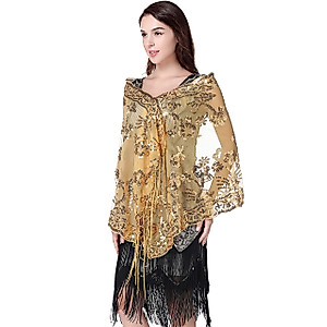 BABEYOND 1920s Shawl Wraps Sequin Fringed Evening Cape Wedding Bridal Shawl Scarf for Evening Dresses Party (Gold)