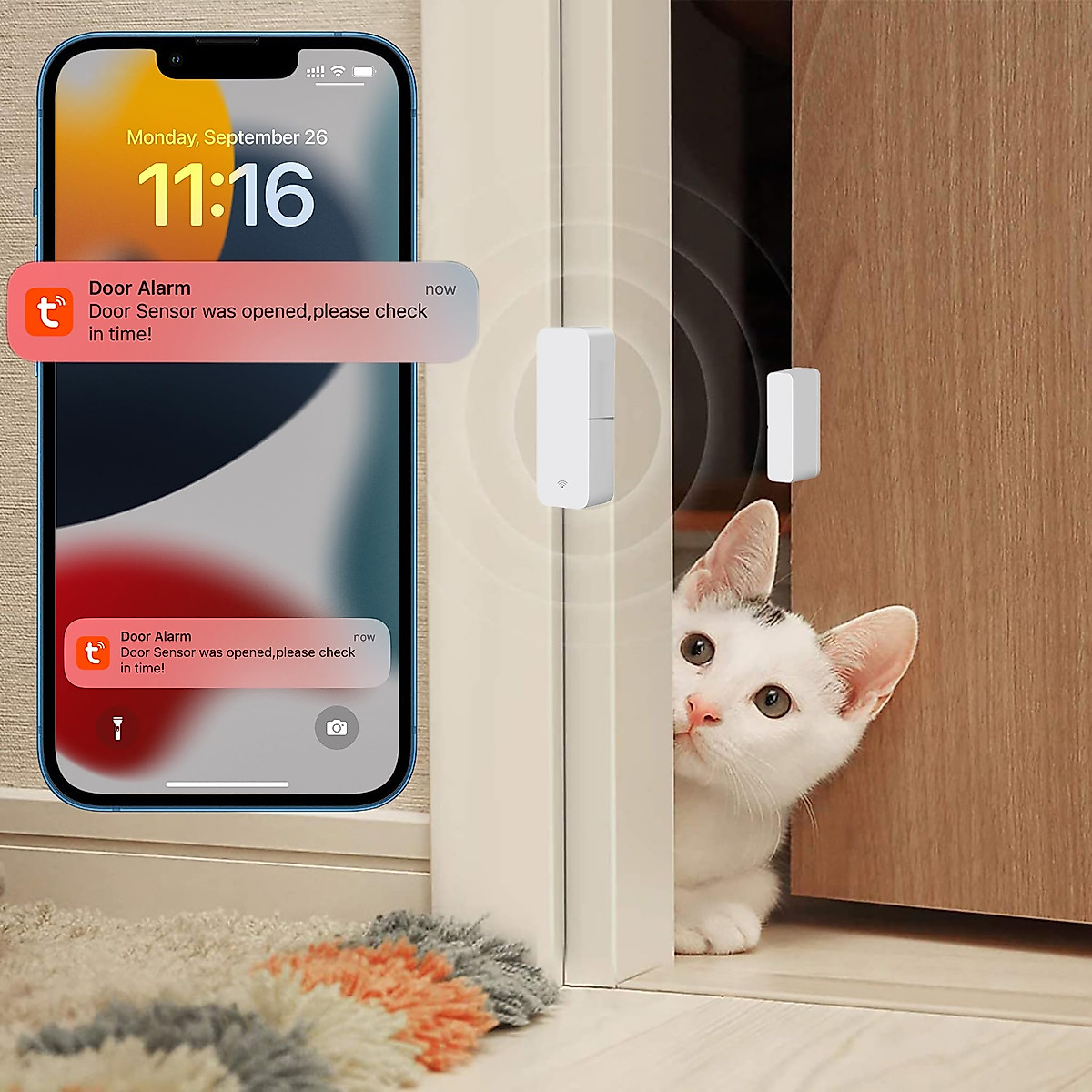 WiFi Door Sensor, Tuya Smart Door Window Sensor, Smart Window Sensor Real-time Alarm Compatible with Alexa Google Assistant,Home Security Door Open Contact Sensor for Business Burglar Alert (1 Pack)