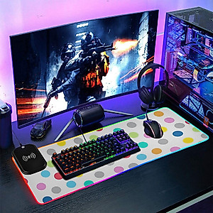 Polka Dot Wireless Charging Mouse Pad for Mobile Phone Extra Large Gaming Mousepad with 13 Lighting Modes Mouse Mat for Gaming MacBook PC Laptop Desk Office Home