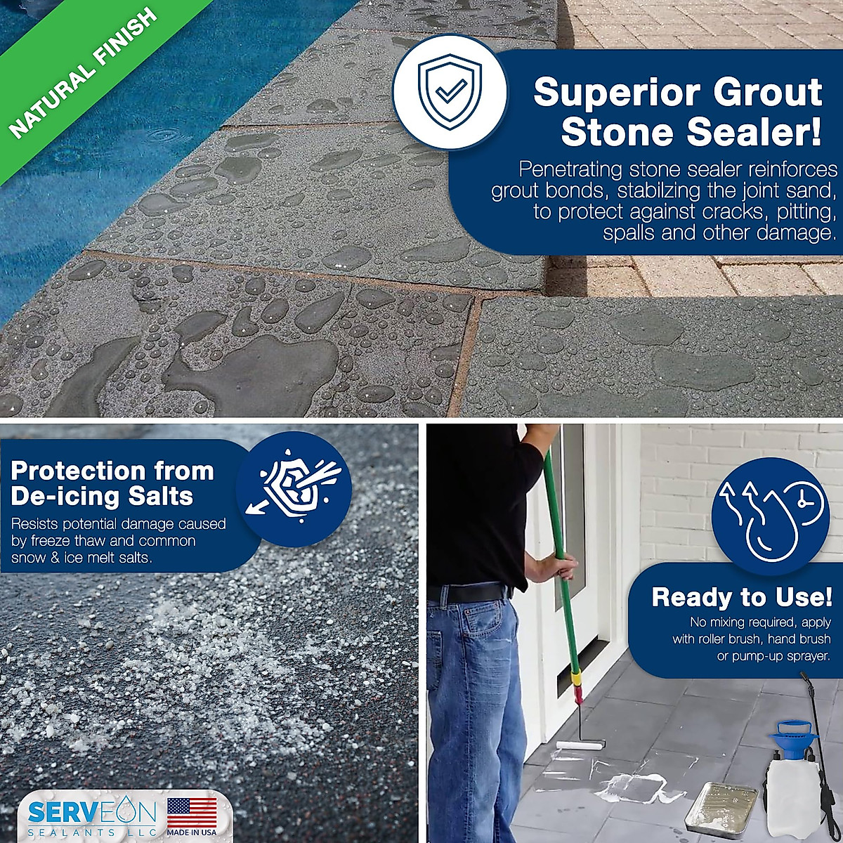 Serveon Sealants Natural Stone Sealer (Clear Natural Finish) Commercial Grade Outdoor Indoor Waterproof Grout Sealer Protects Pavers Pools Patios Decorative Landscape Stones (1 Quart) H2100S