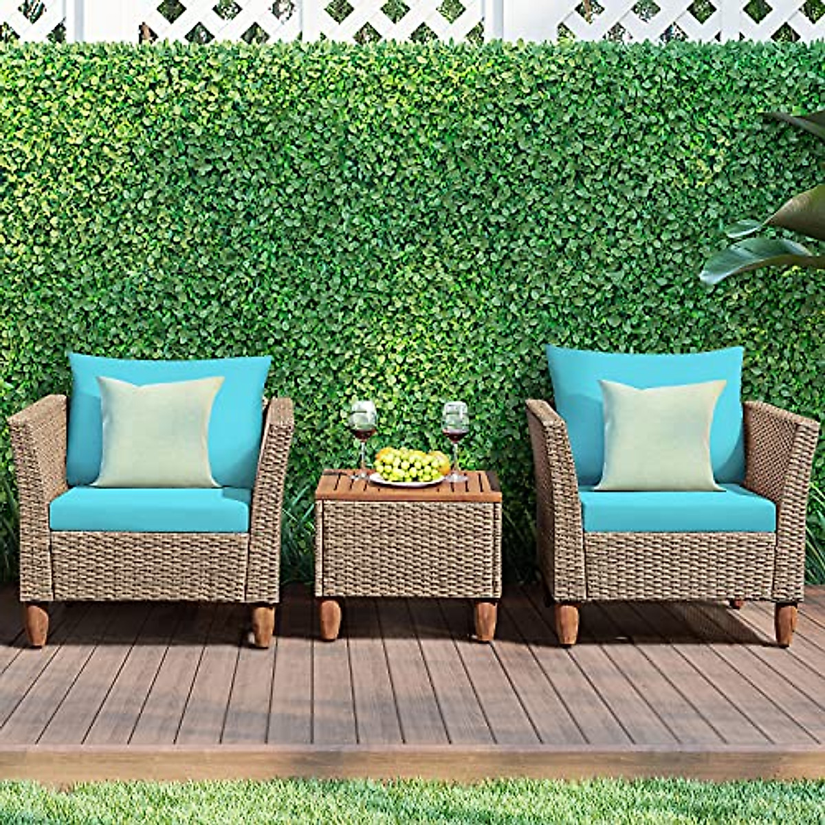 Tangkula 3 Piece Patio Furniture Set, Outdoor Wicker Rattan Bistro Sofa Set w/Washable Cushion, Acacia Wood Top Coffee Table, Conversation Set w/Adjustable Feet for Balcony Backyard Porch (Turquoise)
