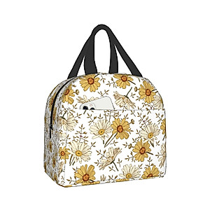DADABULIUU Lunch Bag Vintage Daisy Yellow Flower Insulated Lunch Box Cooler Tote for Adults Kid Girl Women Work Office School Picnic Beach Reusable Lunchbox Over 3 Years Old