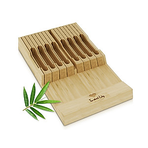Isabel Lily - Bamboo Kitchen Knife Holder for Drawer | Organize 8 Short and 8 Long Knives and 1 Sharpener | Anti-Slip Surface | Includes Microfiber Cloth