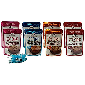 Wellness CORE Tiny Tasters Grain Free Cat Food 4 Flavor 8 Pouch Plus Catnip Toy Sampler Bundle, (2) Each: Duck, Tuna, Chicken, Chicken Beef, (1.75 Ounces)