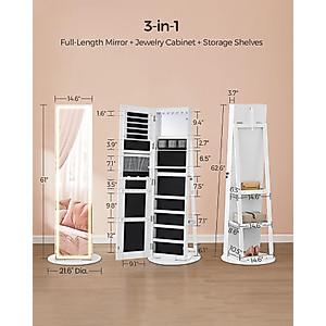 SONGMICS LED Mirror Jewelry Cabinet Standing, Lockable Jewelry Armoire with Full-Length Mirror and Adjustable LED Lights, Space-Saving Jewelry Organizer with Mirror, Gift Idea, Cloud White UJJC008W01