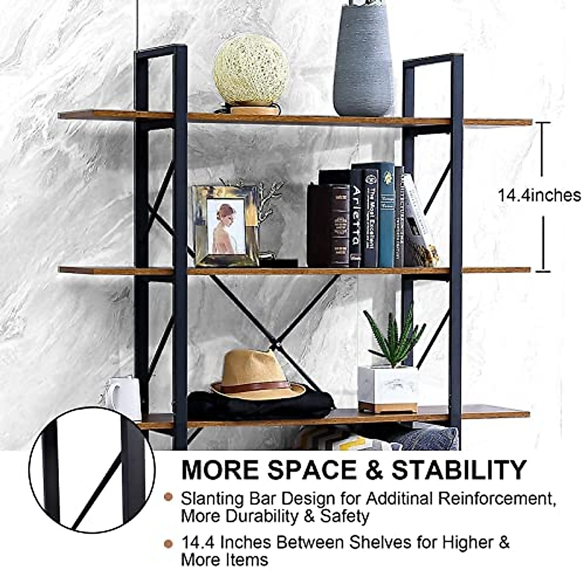 OTENNETO 5 Tier Book Shelf, Industrial Shelves Etagere Book Case with Extra Width & Rustic Wood Board, Large Vintage 5 Shelf Bookcase, Open Display Storage Furniture for Bedroom, Office, Living Room