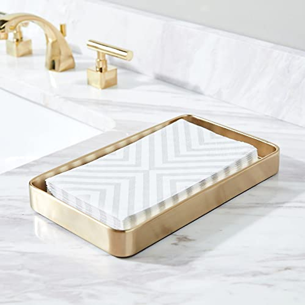 mDesign Modern Decorative Metal Guest Hand Towel Tray Holder Organizer for Disposable Paper Napkins, Jewelry, Makeup - Bathroom Vanity Sink Counter Organization - Unity Collection - Soft Brass