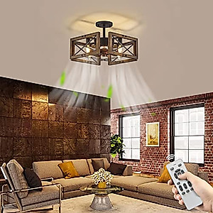 DUJAHMLAND Farmhouse Flush Mount Ceiling Fan with Light, 20 Inch Industry Wood Low Profile Ceiling Fan with Light Remote Control for Bedroom Living Room Kitchen (Antique Wood 4-Light)