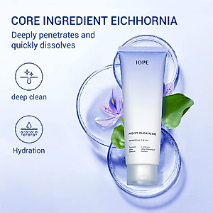 IOPE Face Wash, Moist Cleansing Whipping Foam, Daily Cleanser for Gentle Exfoliation, Makeup Remover for All Skin Types - Skin Hydration with Flower Extract - Korean Skin Care, 6.09 Fl Oz.