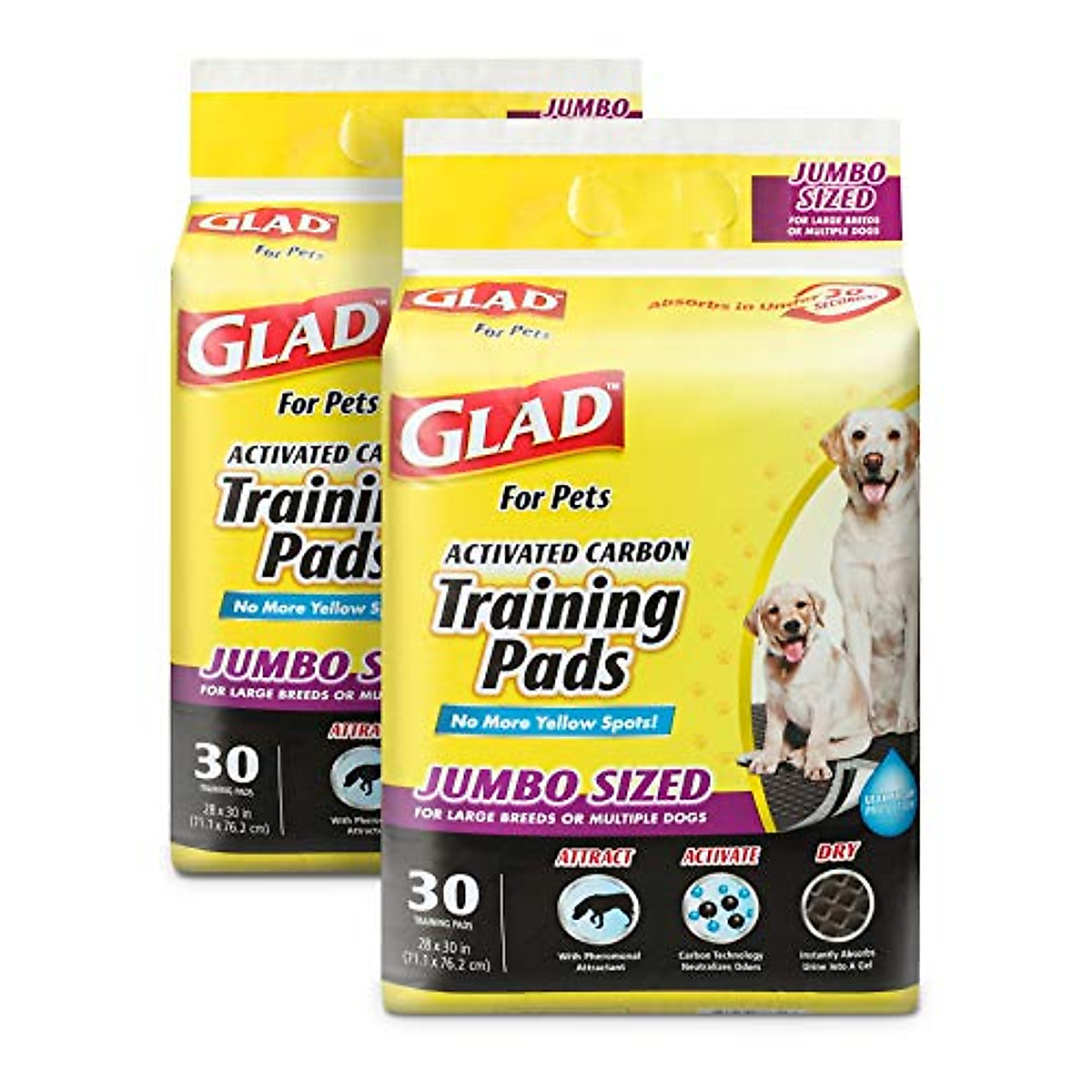 Glad for Pets JUMBO-SIZE Charcoal Puppy Pads | Black Training Pads That ABSORB & Neutralize Urine Instantly | New & Improved Quality Puppy Pee Pads, 30 Count - 2 Pack (60 Pads Total)