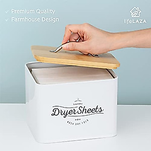 LifeLAZA Metal Dryer Sheet Holder with Bamboo Lid, Dryer Sheet Dispenser for Fabric Softener Sheets, Farmhouse Container Storage Box for Laundry Room Decor