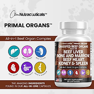 Clean Nutraceuticals Grass Fed Beef Liver Capsules - Premium Quality Supplement Packed with Desiccated, Beef Heart, Beef Spleen, Beef Pancreas Plus Bone & Marrow Dao Enzyme Pills