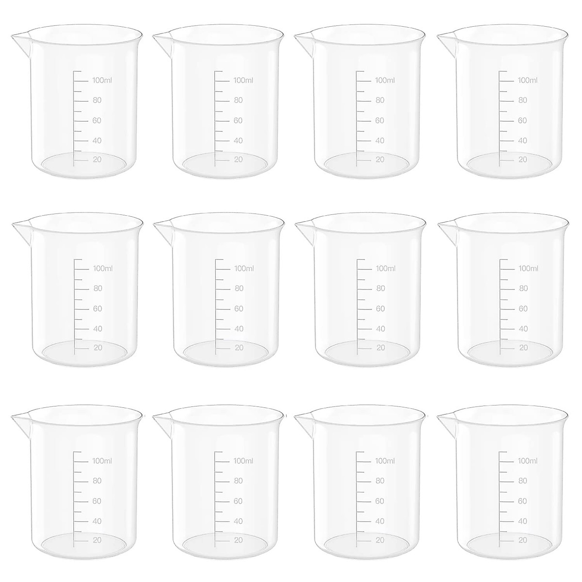 12 Pcs 3.4 Oz Transparent Lab Measuring Cup, 100ml Plastic Beaker Cups, for Science Experiment, Liquid Measuring