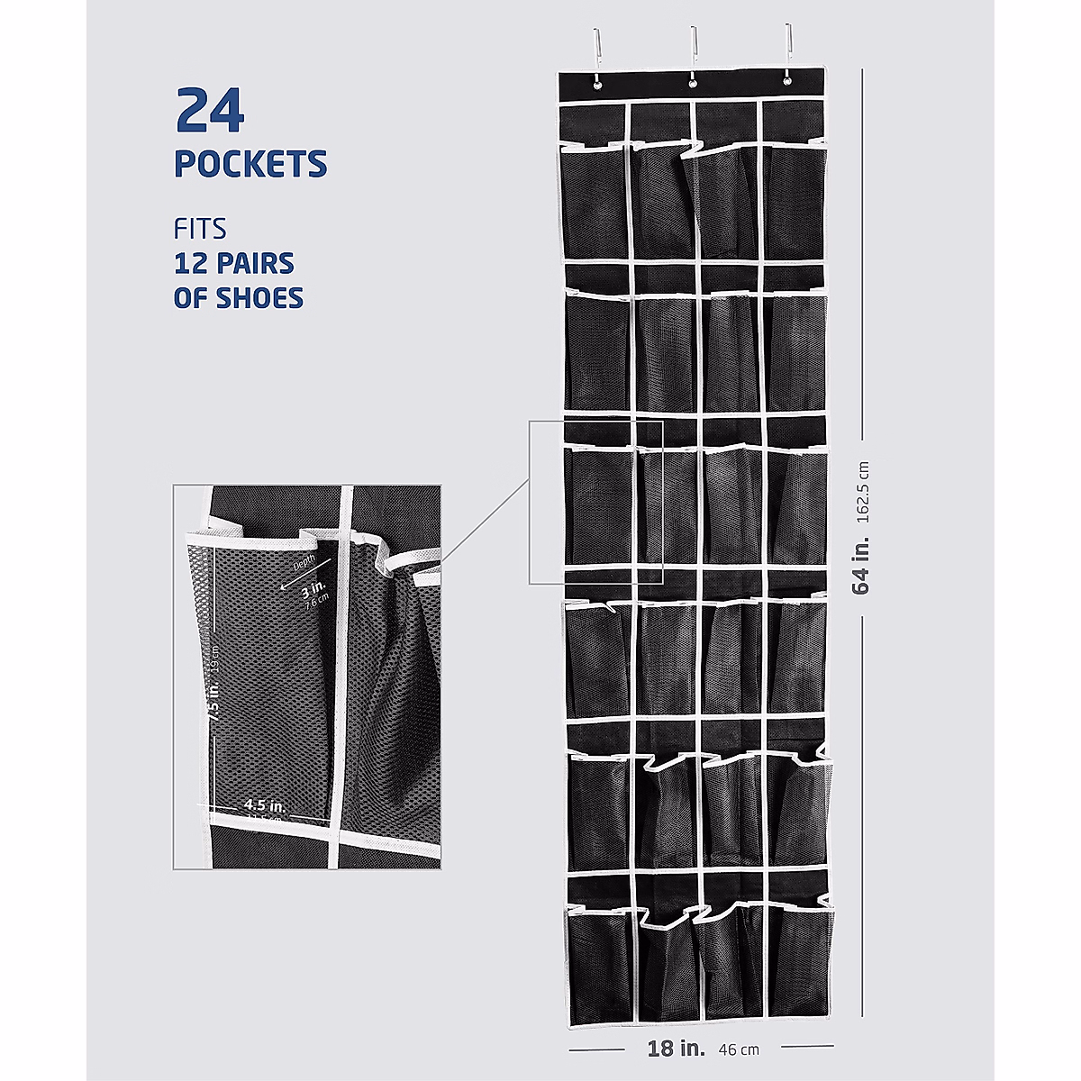 ZOBER Over The Door Shoe Organizer - 24 Breathable Pockets, Hanging Shoe Holder for Maximizing Shoe Storage, Accessories, Toiletries, Laundry Items. 64in x 18in