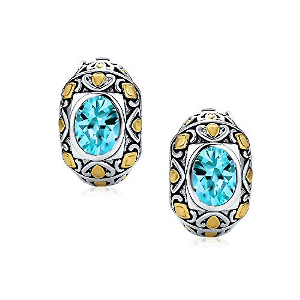 Tow Tone Bali Style Aqua Blue Oval Clip On Earrings For Women Simulated Aquamarine CZ Cubic Zirconia Rhodium Plated