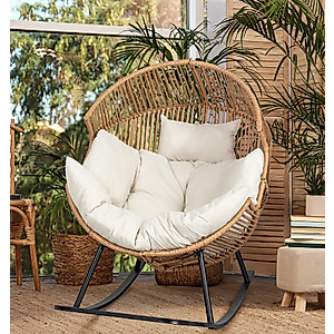 JAMFLY Egg Chair Outdoor Wicker Patio Chair, Oversized Lounger Chair with Cushion Egg Basket Chair for Indoor Living Room Bedroom Outside Balcony Backyard, Beige
