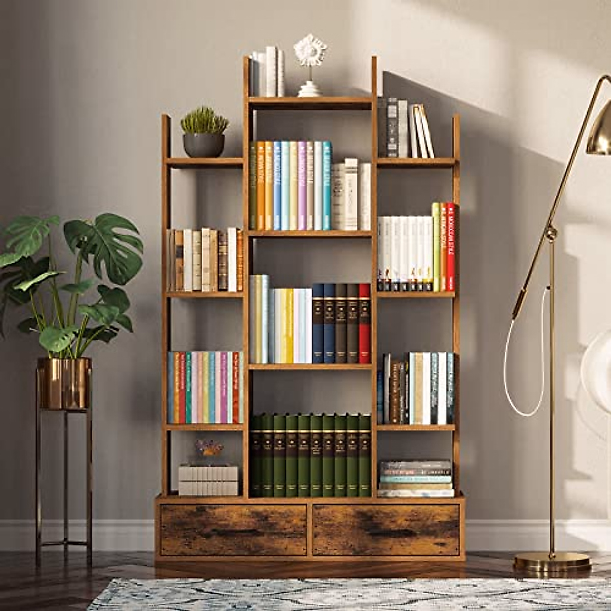 Rolanstar Bookshelf with 2 Wooden Drawers, Rustic Wood Bookshelves, Book Shelf Free Standing Storage Shelf for Bedroom, Living Room, Home Office, Rustic Brown