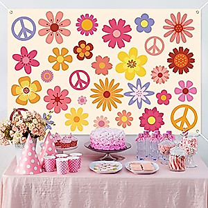 Hippie Groovy Backdrop Banner 60's70's Party Background Extra Large Backdrops Boho Flower Peace Logo Party Sign Scene Setters Wall Decoration Supplies for Indoor Outdoor Photo Booth Props