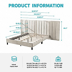 CECER California King Bed Frame with Upholstered Extended Headboard, Vertical Tufted Velvet Bed Platform Furniture for Bedroom/Easy Assembly/Solid Wood Slats Support/No Box Spring Needed - Beige