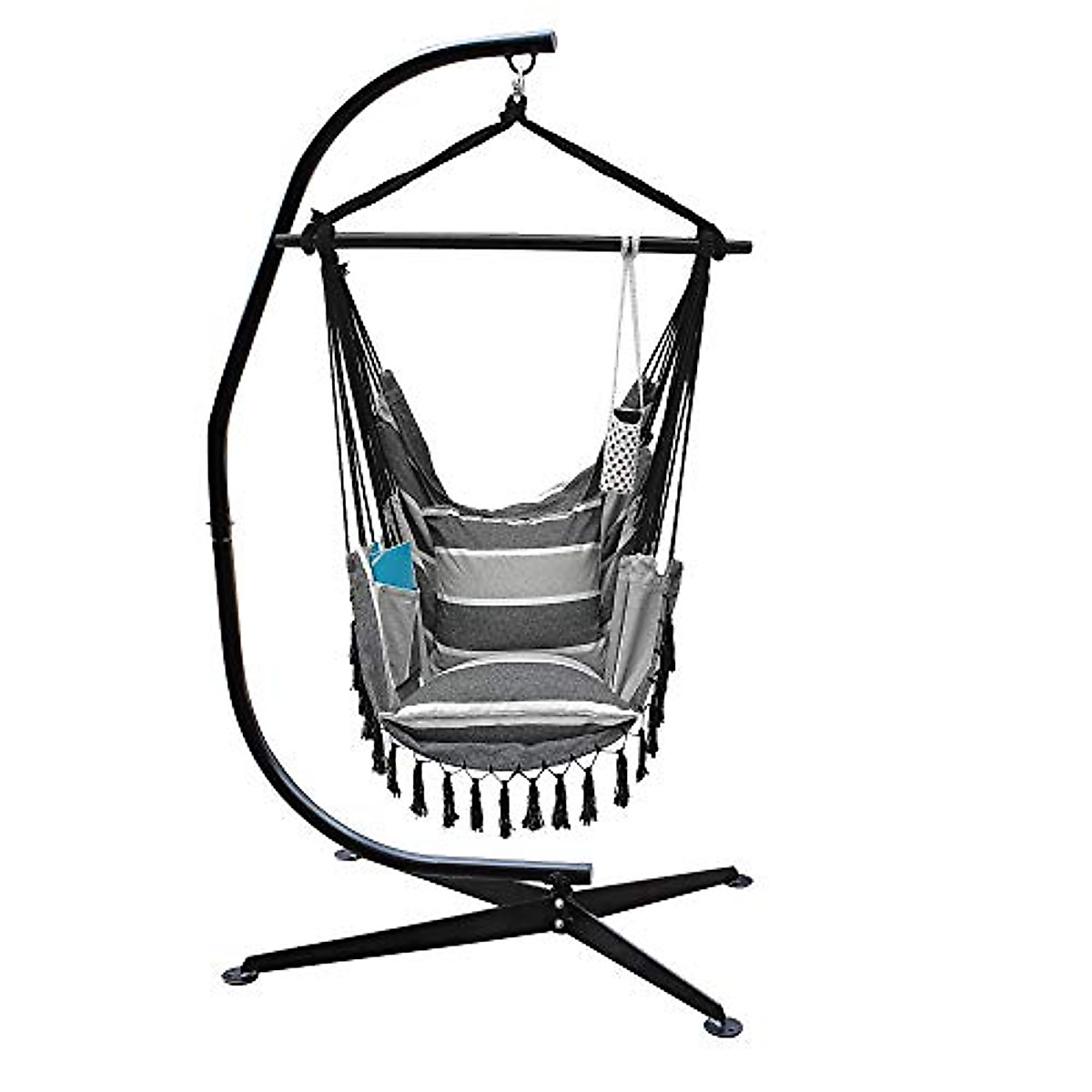 Project One Hanging Rope Hammock Chair, Hanging Rope Swing Seat with 2 Pillows, Carrying Bag, and Hardware Kit Perfect for Outdoor/Indoor Yard Deck Patio and Garden, 300 Pound Capacity (Grey Stripe)