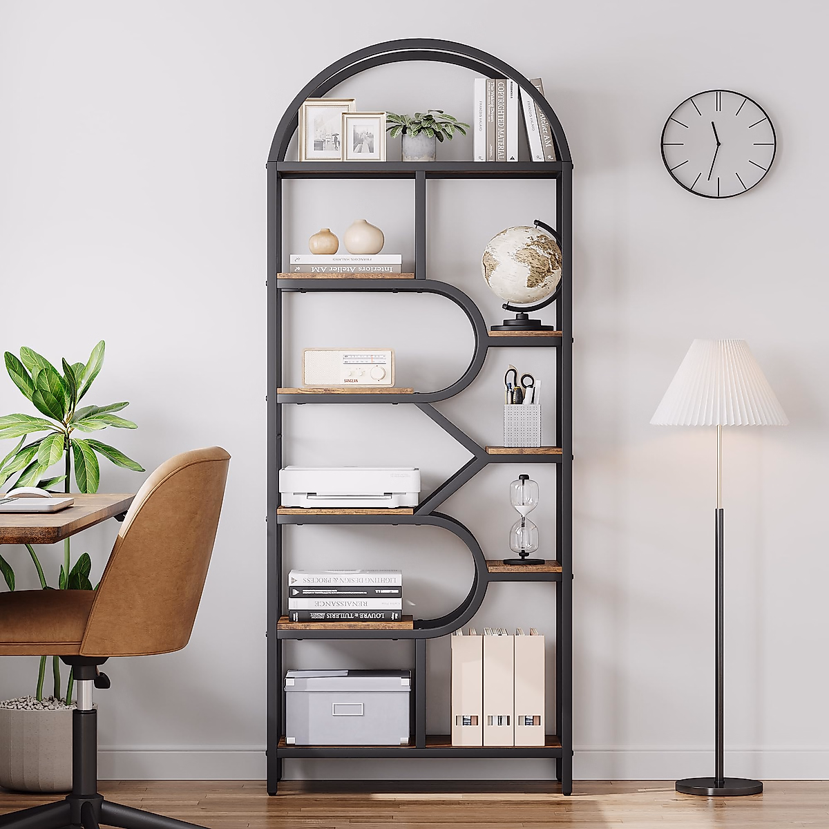 IDEALHOUSE Bookshelf 6 Tier Arched Bookcase 81.7in Tall Display Racks Geometric Open Storage Shelf Unique Book Rack Metal Frame Large Modern Book Shelf for Bedroom, Living Room, Home Office