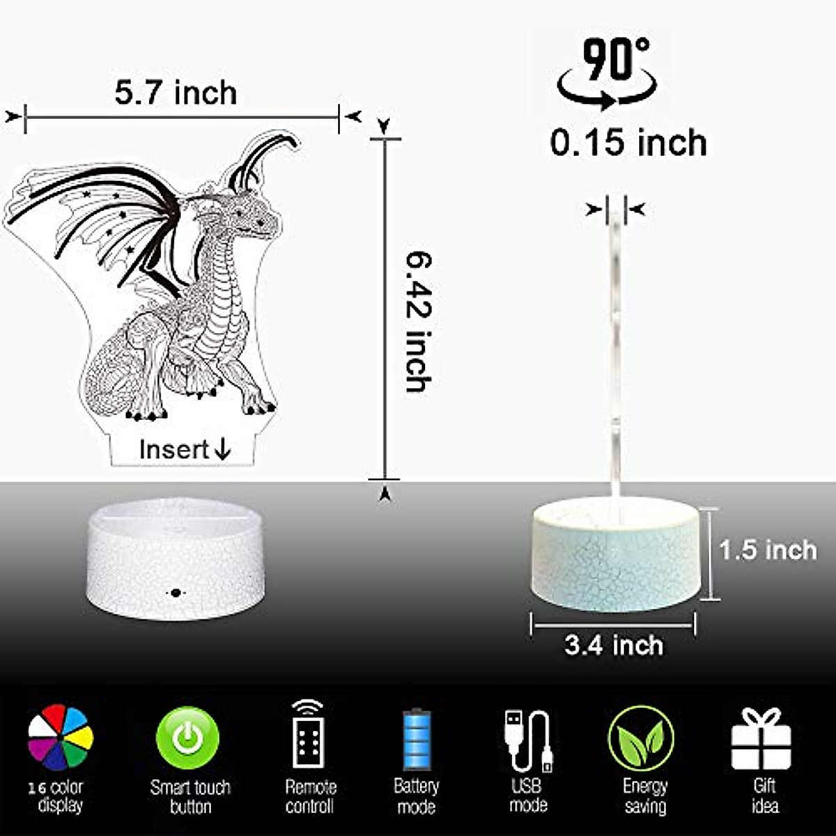 Fanmin Dragon 3D Optical Illusion Kids Lamp 3D Night Light Bedside Lamp 16 Colors with Remote Dragon Toys as a Perfect Birthday for Boys and Girls
