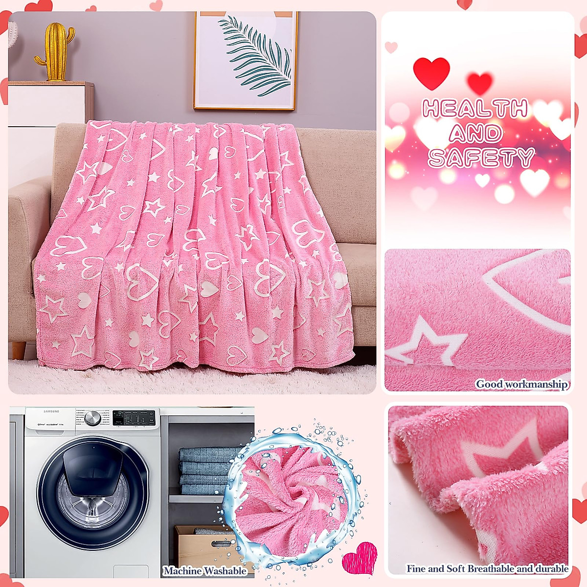 Cloele Glow in The Dark Heart Stars Blanket,Pink Throw Blanket Birthday Gift for 2 3 4 5 6 7 8 9 10 Year Old Kids Girls - Heart Flannel Throw Blanket Glowing Luminous Birthday Valentines Gifts,50"x60"