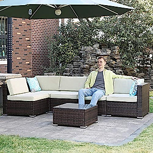 YITAHOME 6 Piece Outdoor Patio Furniture Sets, Garden Conversation Wicker Sofa Set, and Patio Sectional Furniture Sofa Set with Coffee Table and Cushion for Lawn, Backyard, and Poolside, Brown