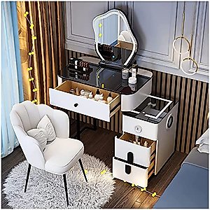 ZTGL Makeup Vanity with Lights and Charging Station, Vanity Mirror with LED Light and Table Set, Large Vanity Desk with 5 Drawers and Chair, Modern Vanity Table with Nightstand,White Mirror b,L: 60cm