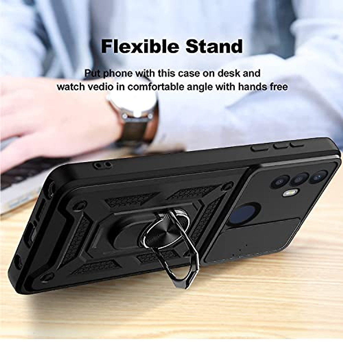 ZOURSING for TCL 30 SE Phone Case with HD Screen Protector 2 Pack,Slide Camera Protection Cover,Built Magnetic Ring Kickstand,Heavy Duty Full Body Shockproof Protective Cover for TCL 30 SE Black